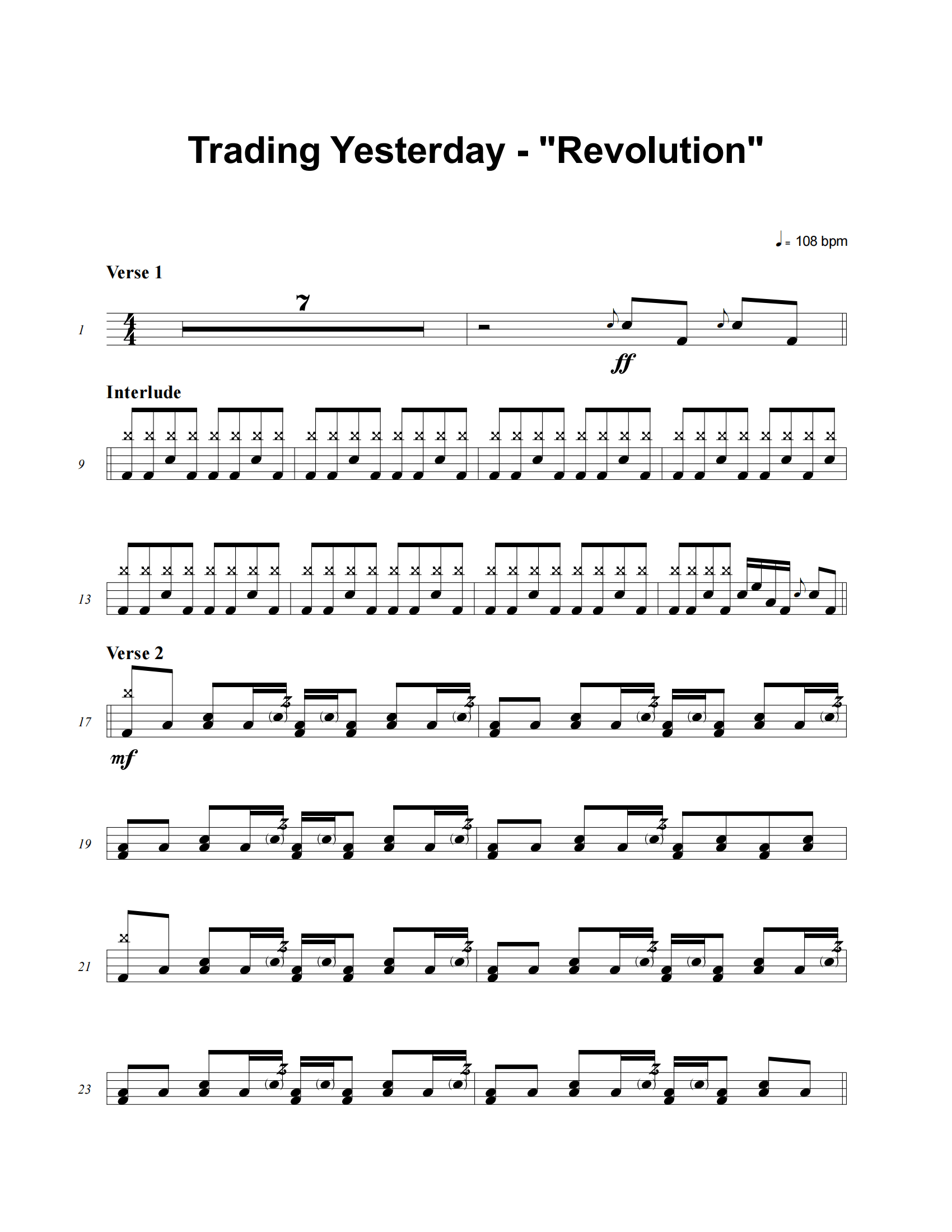 Trading Yesterday《Revolution》架子鼓谱 - 琴魂网